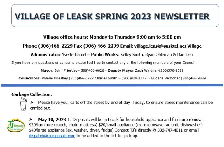 Spring Newsletter – 2023 – Village of Leask