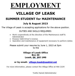 Summer Student Employment – Village of Leask