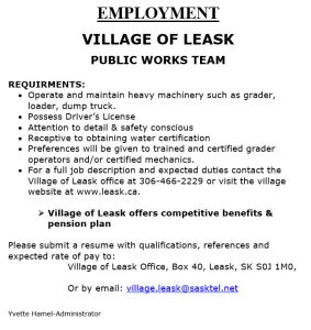 Public Works Position – Village of Leask