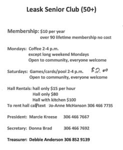 Seniors Club Memberships – Village of Leask